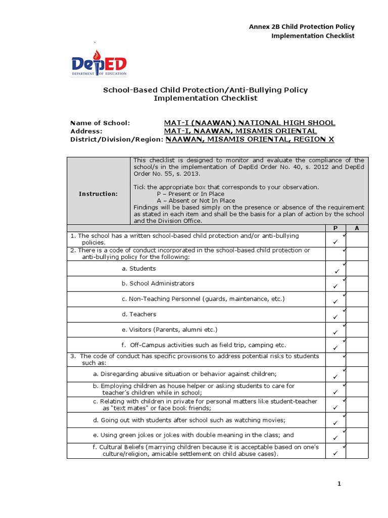 Child Protection Policy Checklist | PDF | Bullying | Child Protection