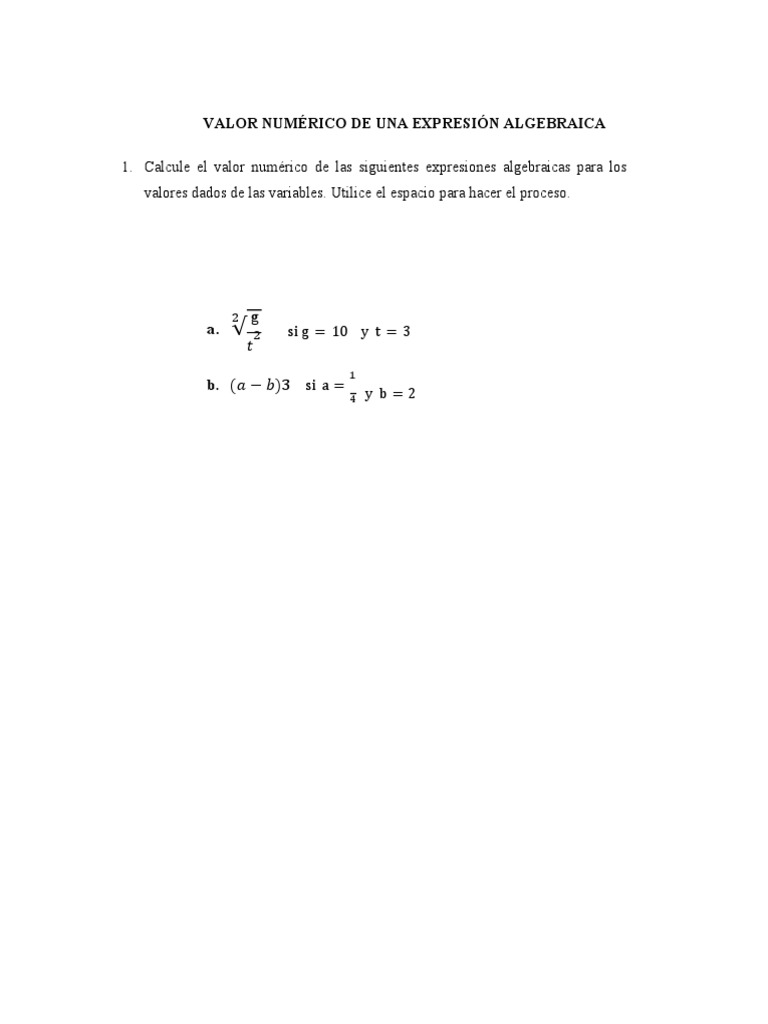 Valor Numérico de Una Expresión Algebraica | PDF | Matemáticas ...