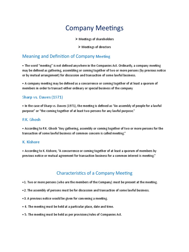 Company Meetings: Meaning and Definition of Company | PDF | Board Of ...