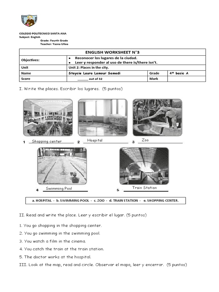 Places in the City: An English Worksheet for 4th Grade Students on ...