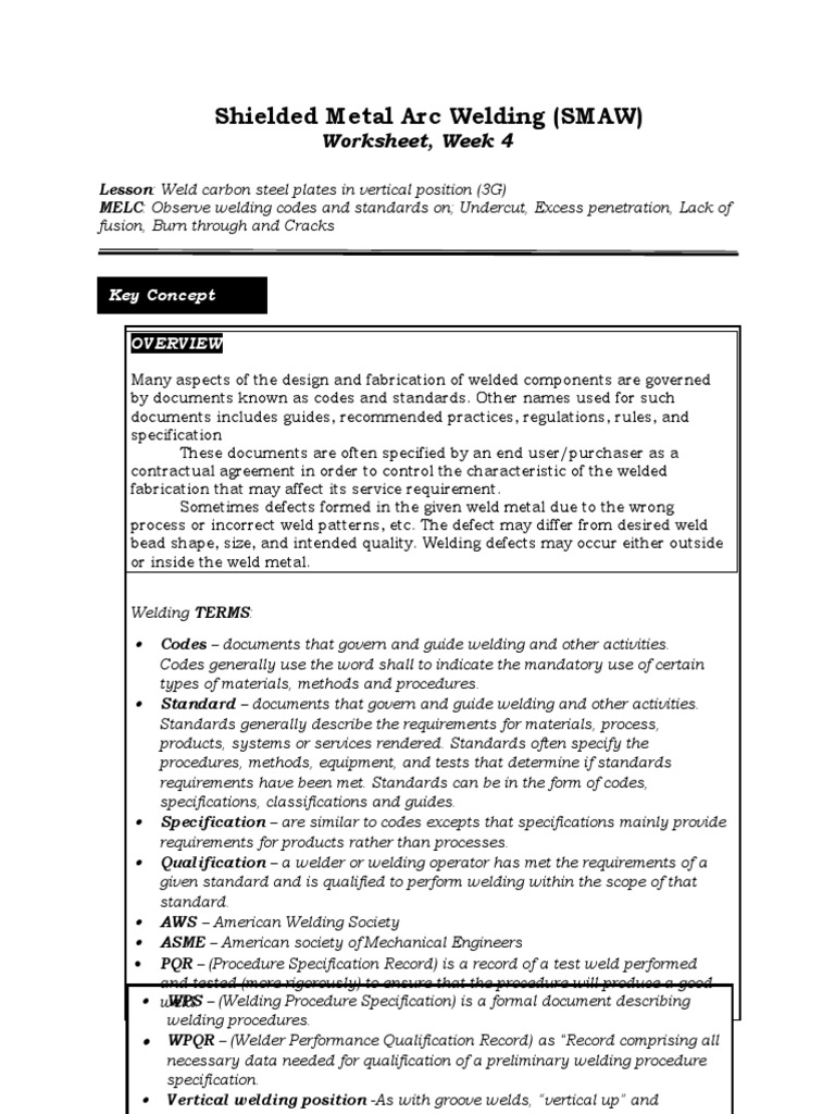 Shielded Metal Arc Welding (SMAW) : Worksheet, Week 4 | PDF ...