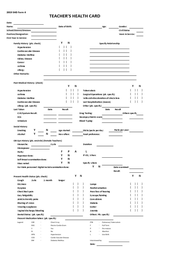 Teacher'S Health Card: 2019 SHD Form 4 | PDF | Periodontology | Medical ...