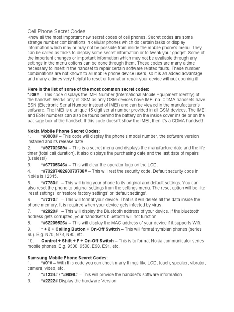 Cell Phone Secret Codes | PDF | Mobile Phones | Mobile Technology