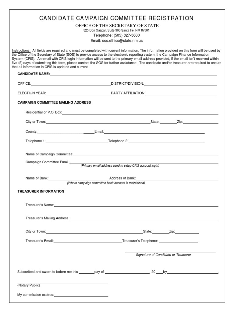 Candidate Campaign Committee Registration Form | PDF | Politics