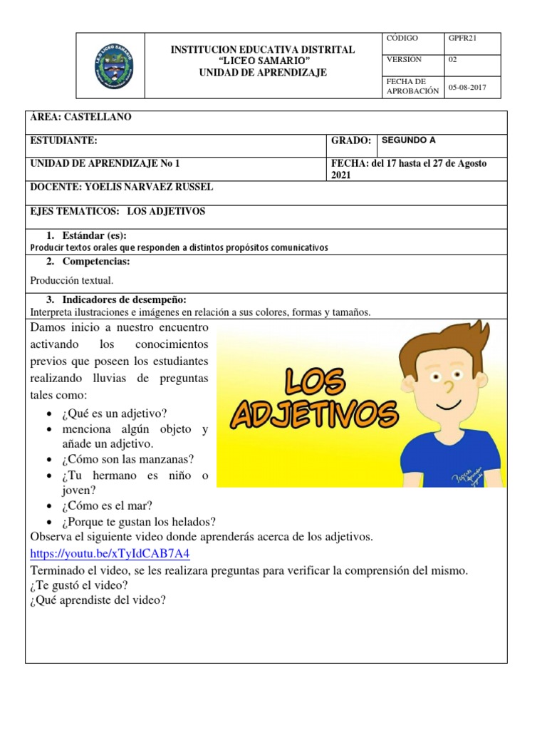 Unidad de Aprendizaje: Los Adjetivos | PDF | Adjetivo