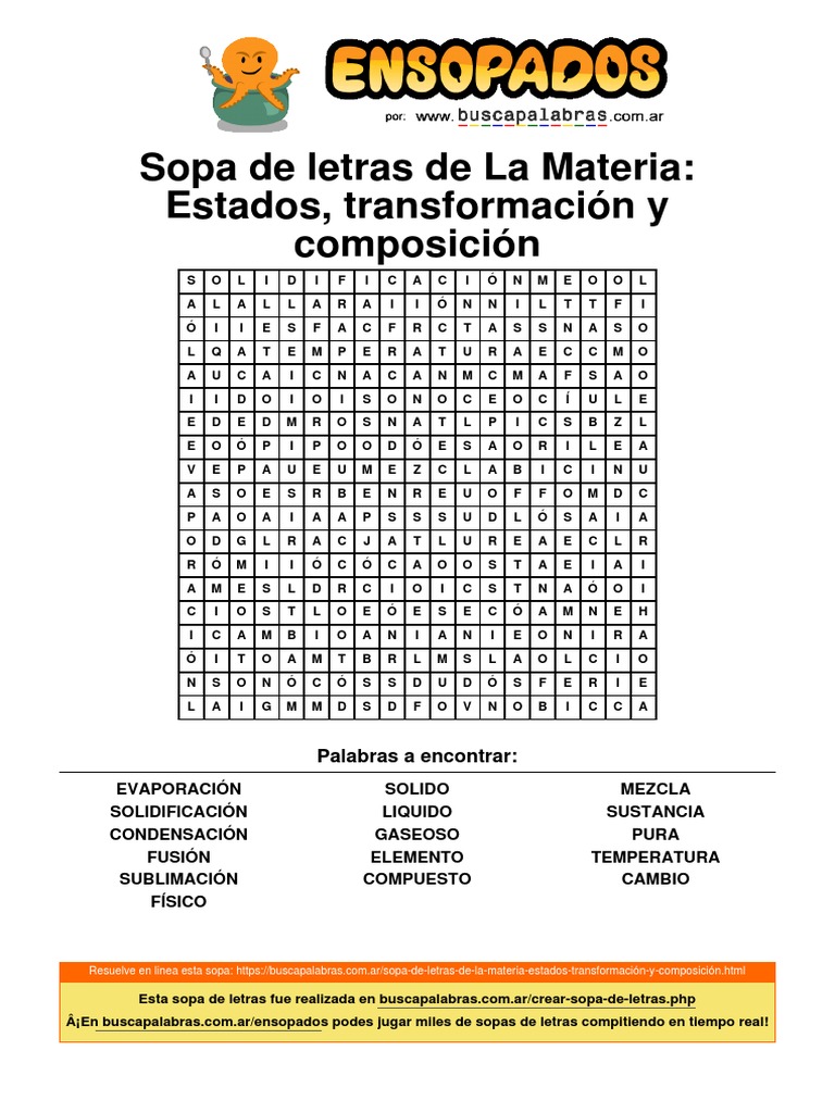 Sopa de Letras: Estados de la Materia | PDF | Ciencia de los Materiales ...
