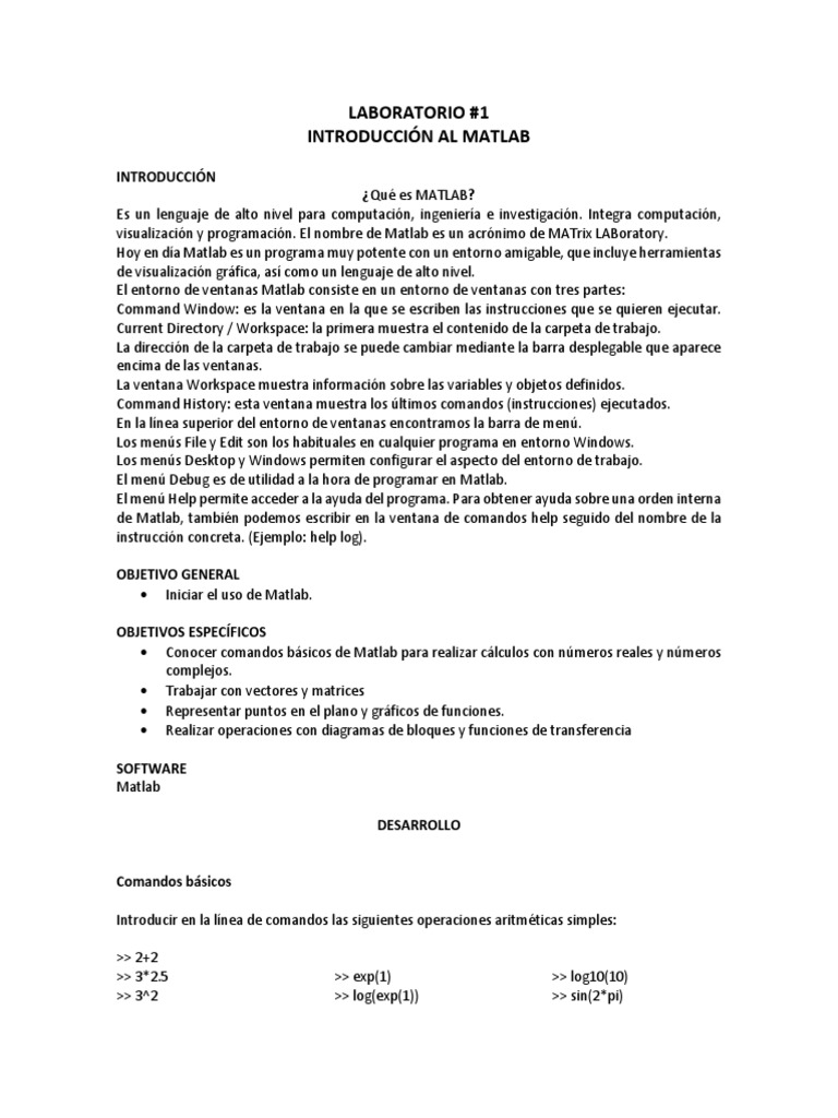 Laboratorio#1 Introducción al Matlab | PDF | Matriz (Matemáticas) | Matlab