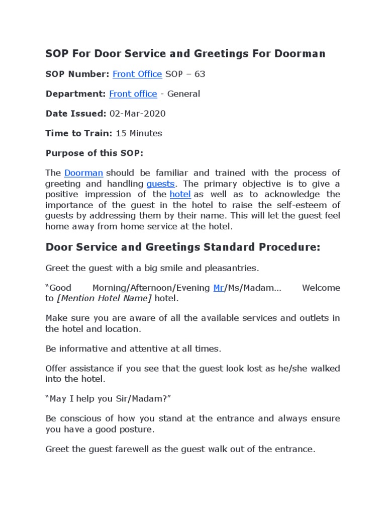 SOP For Door Service and Greetings For Doorman | PDF