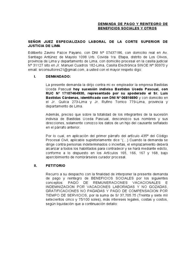 Demanda de Beneficios Sociales Del Señor Paz Listo 2 | PDF | Salario | Derecho laboral