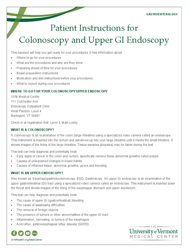 Patient Instructions For Colonoscopy and Upper GI Endos | PDF | Colonoscopy | Endoscopy