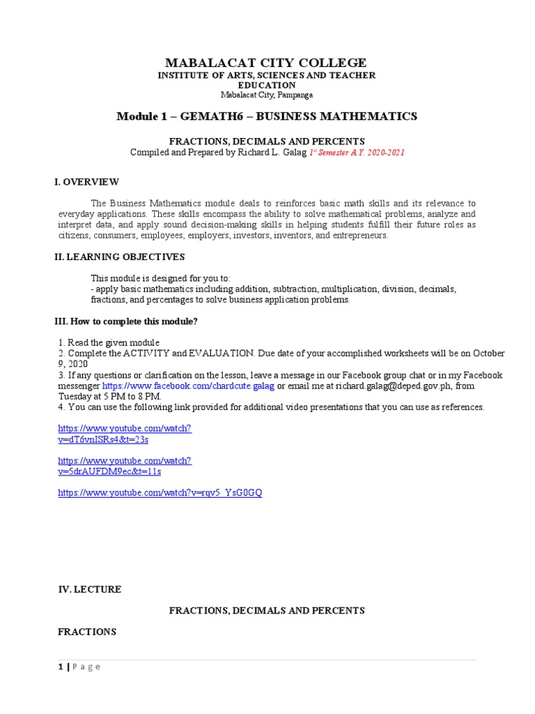 Module 1-Business Mathematics | PDF | Decimal | Notation