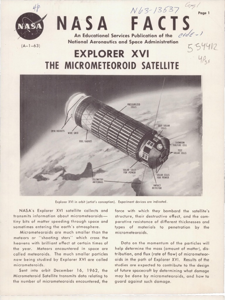 NASA Facts Explorer XVI The Micrometeoroid Satellite | PDF | Meteoroid ...