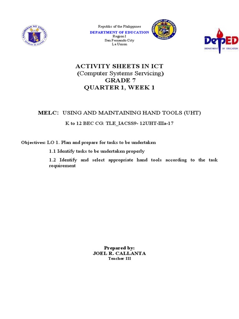 Activity Sheets in Ict (Computer Systems Servicing) Grade 7 Quarter 1 ...