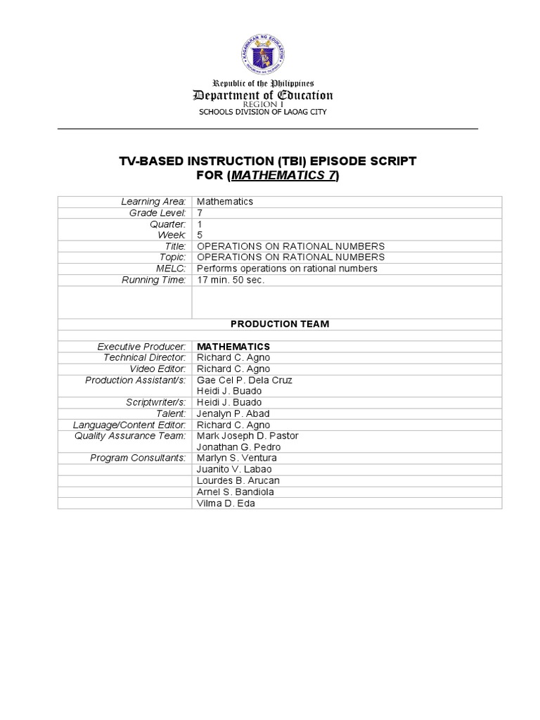 Tv-Based Instruction (Tbi) Episode Script For (Mathematics 7) | PDF | Subtraction | Multiplication