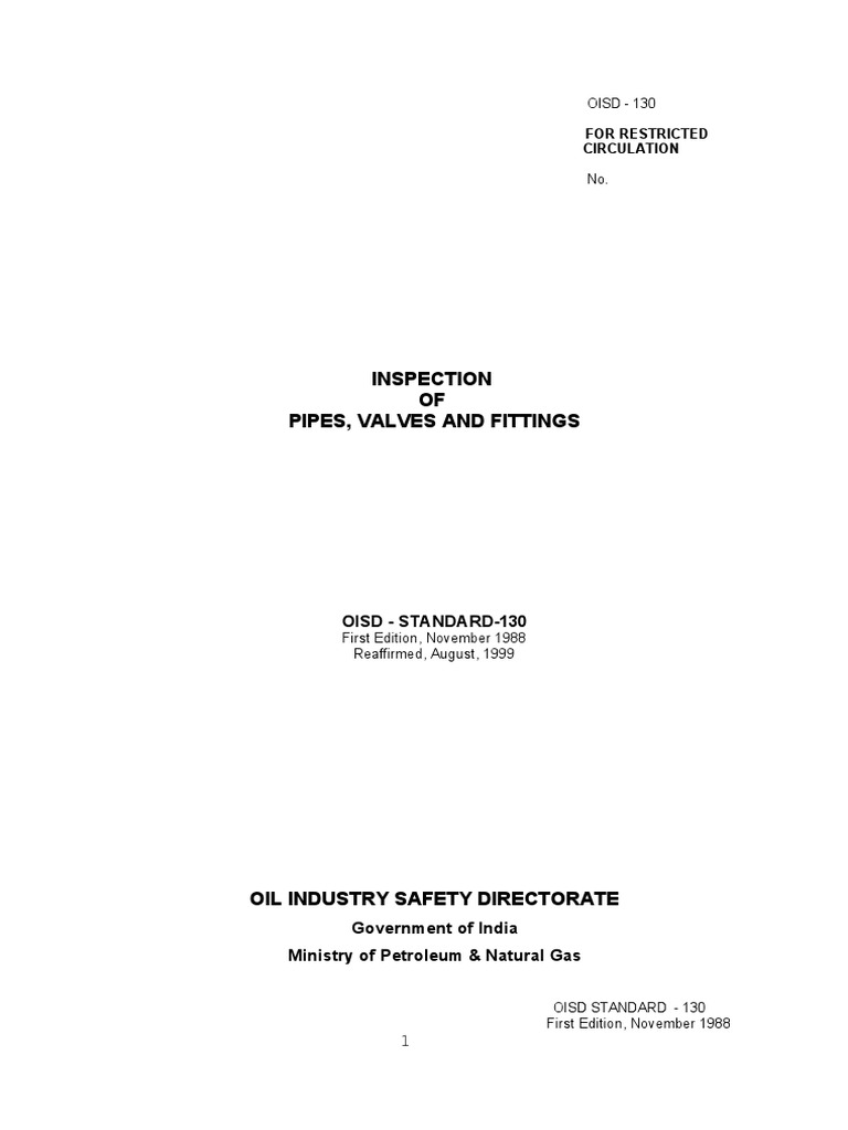OISD STD Inspection of Pipes, Valves & Fittings | PDF | Pipe (Fluid Conveyance) | Construction
