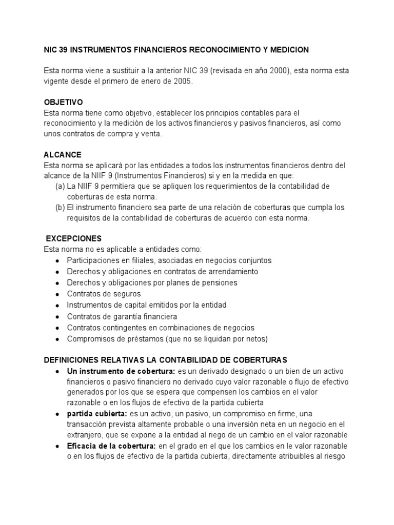 Nic 39 Instrumentos Financieros Reconocimiento y Medicion | PDF ...