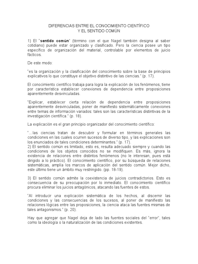 DIFERENCIAS ENTRE EL CONOCIMIENTO CIENTÍFICO y El Sentido Comun | PDF ...