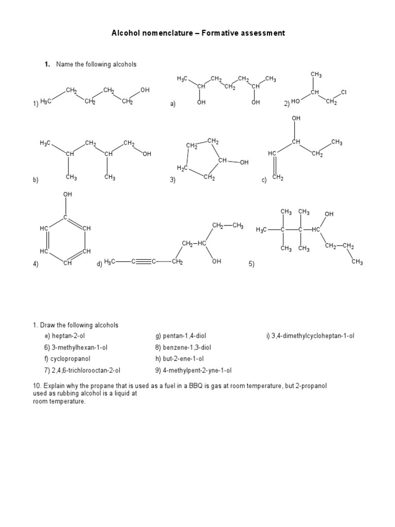 Alcohol Nomenclature Quiz & Exercises | PDF | Chemistry | Chemical ...