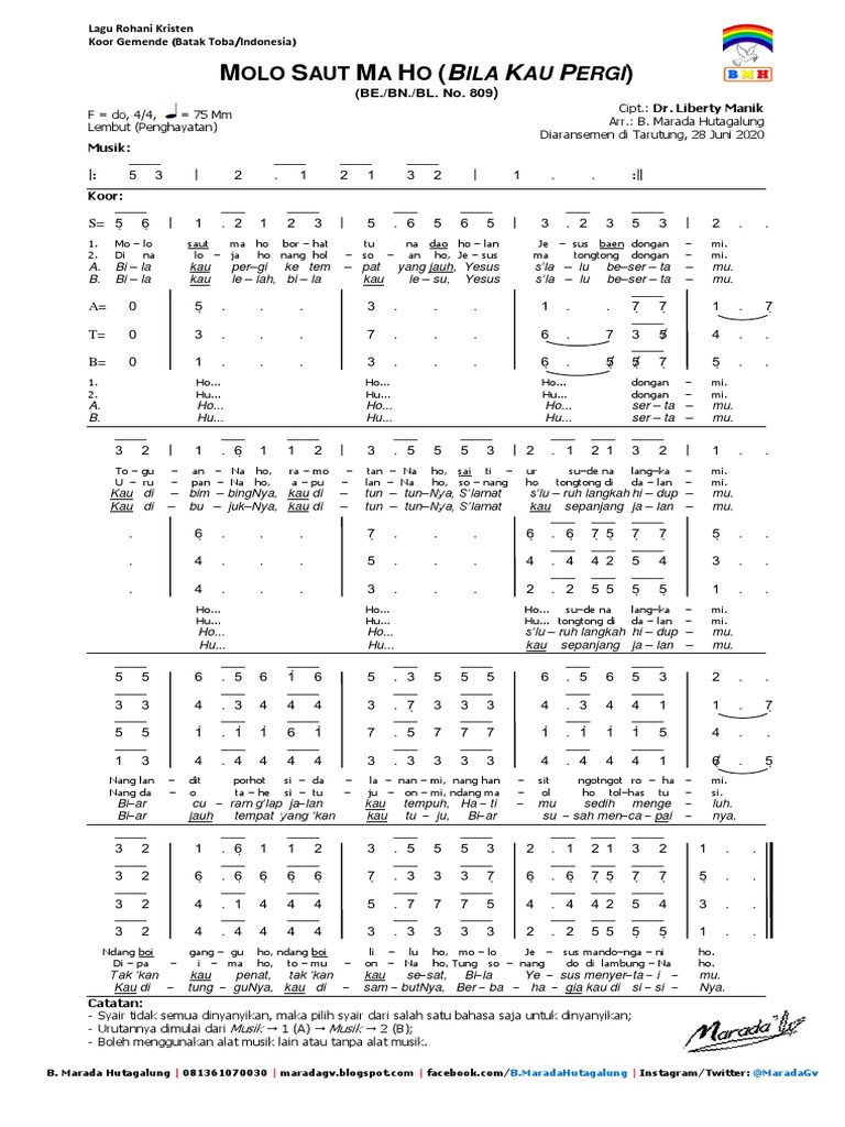 Lagu Koor Molo Saut Ma Ho - Bila Kau Pergi (BE. No. 809) | PDF