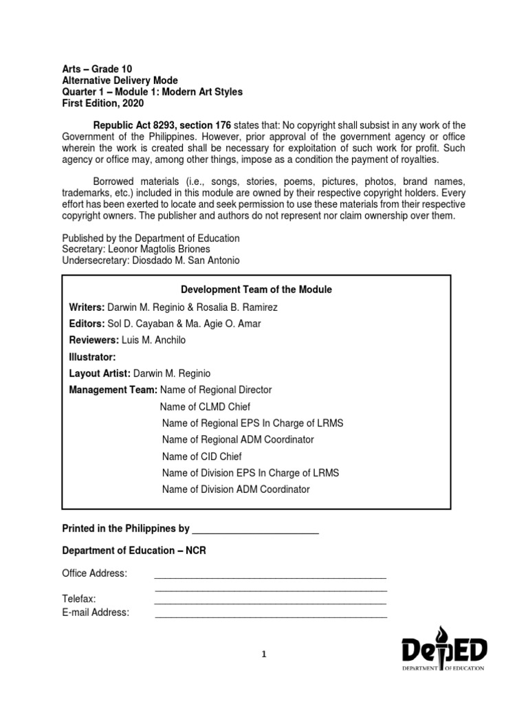 Arts Grade 10 Q1 Module | PDF | Abstract Art | Modern Art