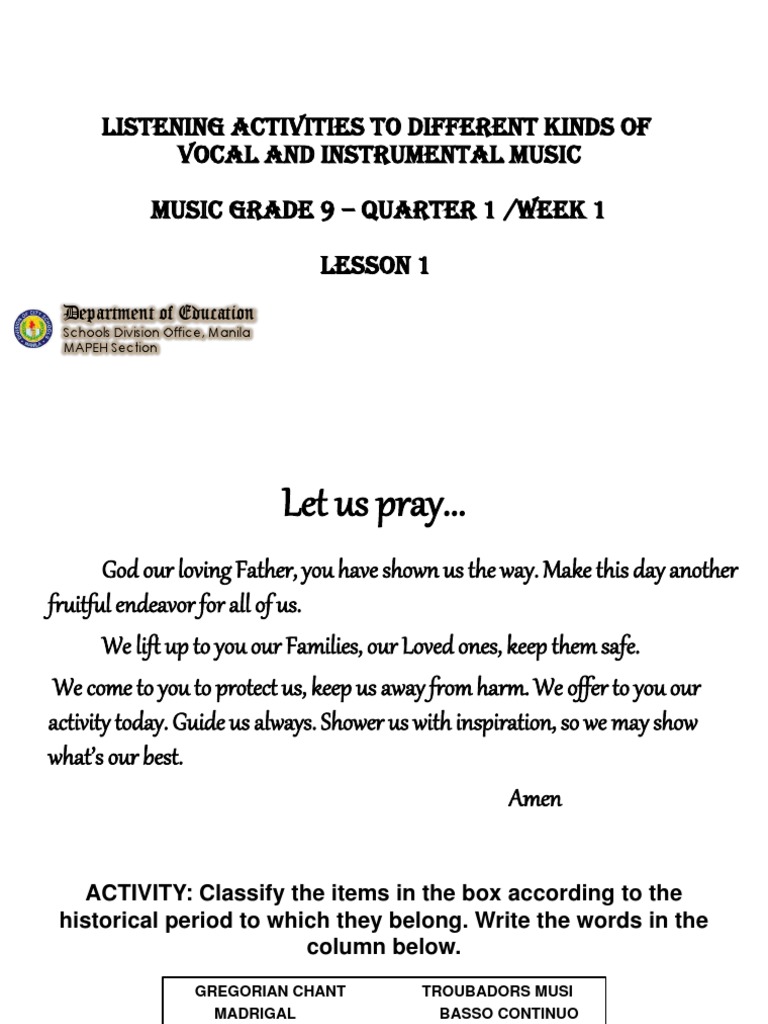 Listening Activities To Different Kinds of Vocal and Instrumental Music ...