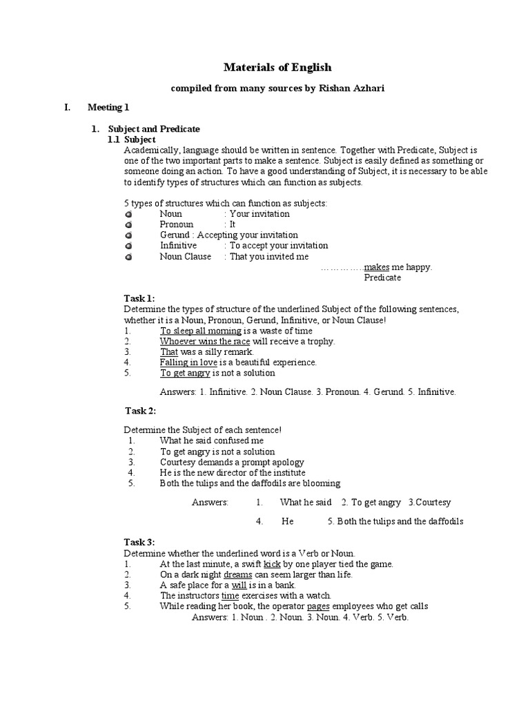 English Materials | PDF | Subject (Grammar) | Verb