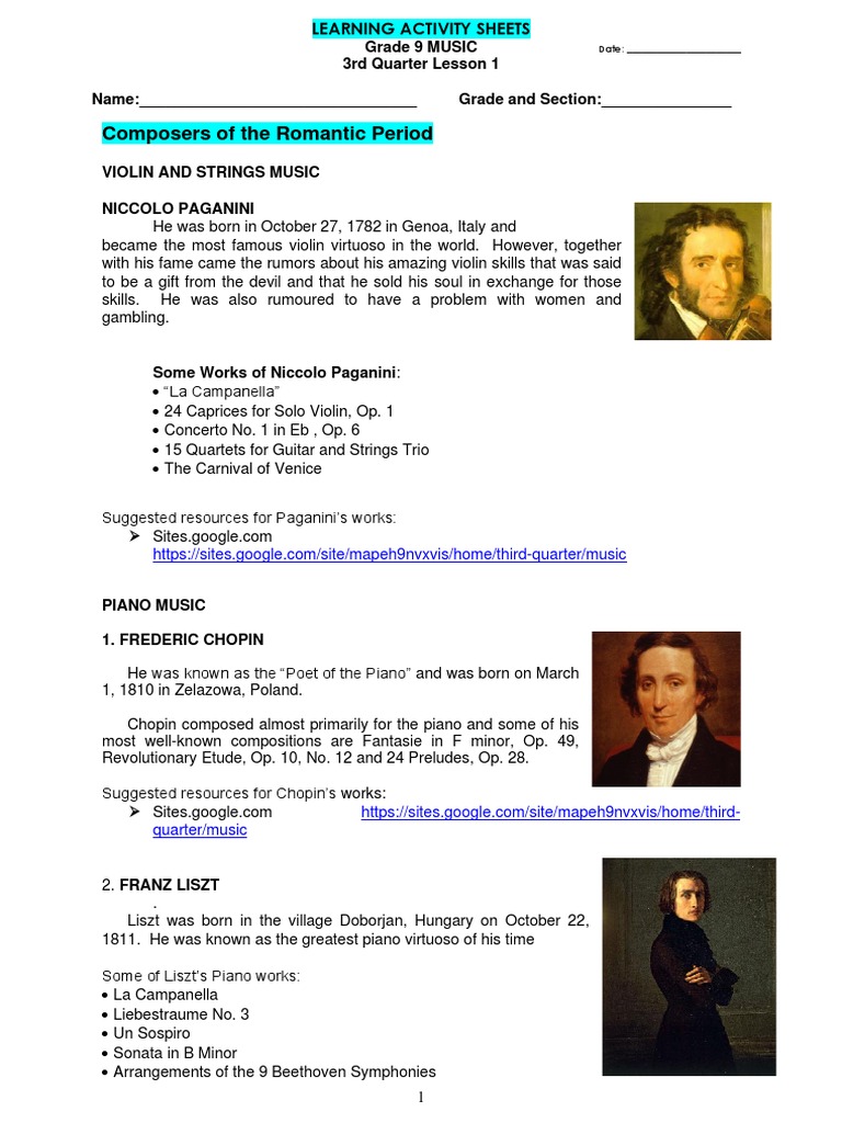 Romantic Period Composers for Grade 9 | PDF | Pyotr Ilyich Tchaikovsky ...