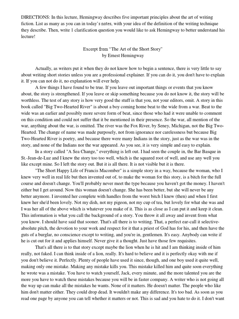Hemingway's Principles of Short Story Writing | PDF | Ernest Hemingway