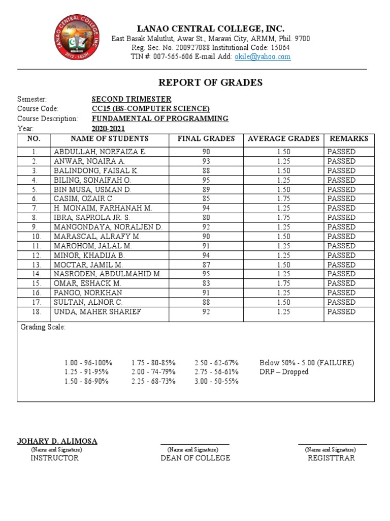 Report of Grades Fundamental Programming | PDF
