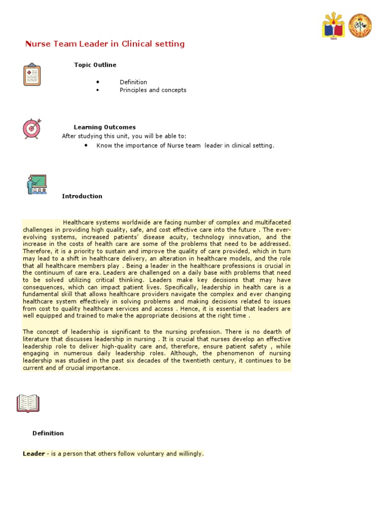 Nurse Team Leader in Clinical Setting: Topic Outline | PDF | Leadership ...