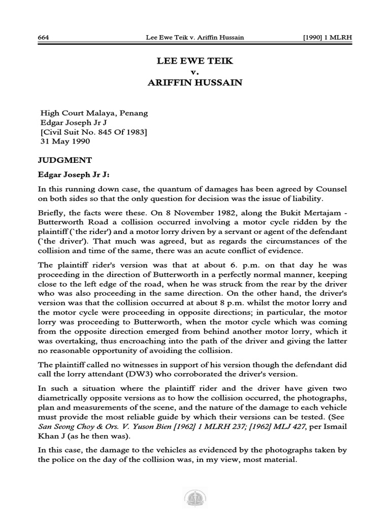 Lee Ewe Teik v. Ariffin Hussain: Judgment Edgar Joseph JR J | PDF ...
