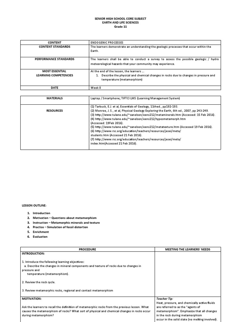 DETAILED LESSON PLAN Earth and Life Sciences Grade 11 Week 8 | PDF ...