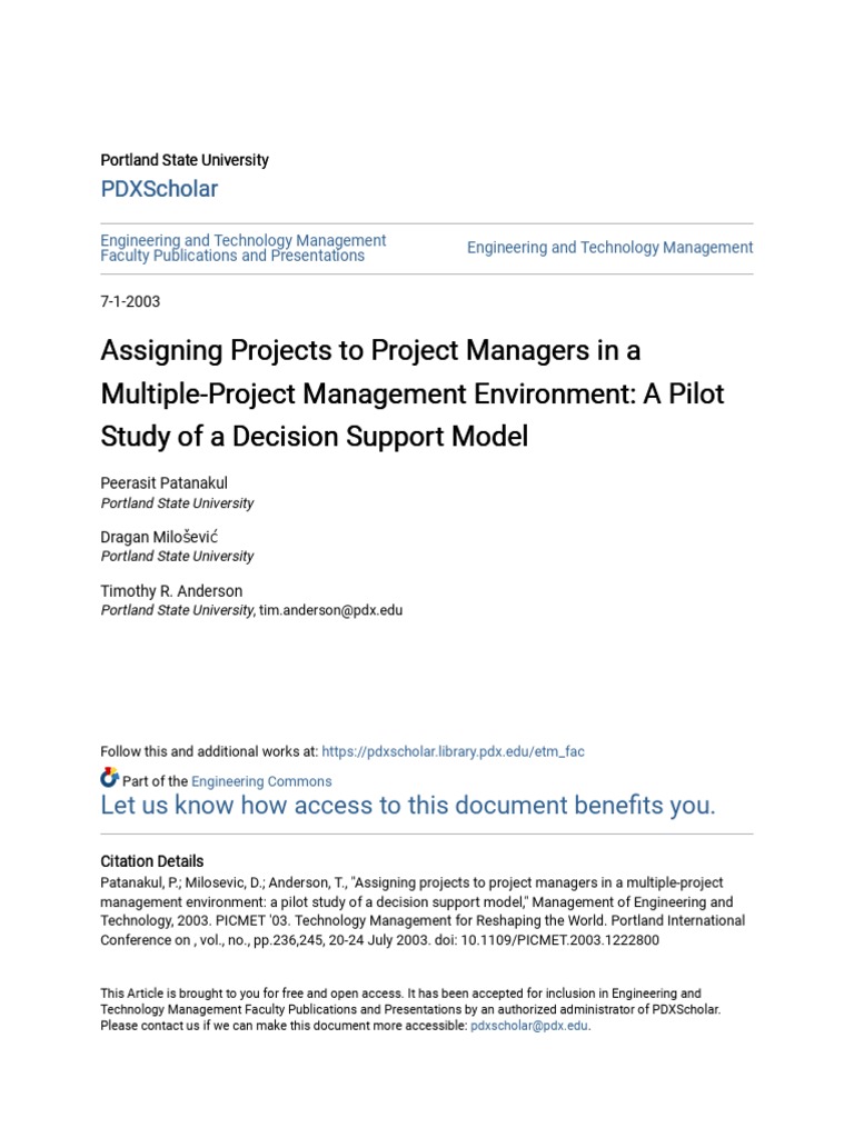 Assigning Projects To Project Managers in A Multiple-Project Management ...