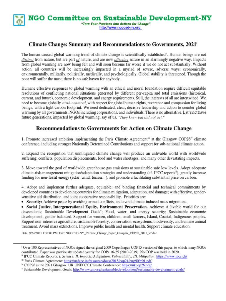 NGOCSD-NY Climate Change Paper - Glasgow COP26 (2021) | PDF | Climate ...