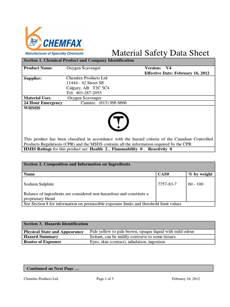 Oxygen Scav MSDS V4 | PDF | Water | Fires