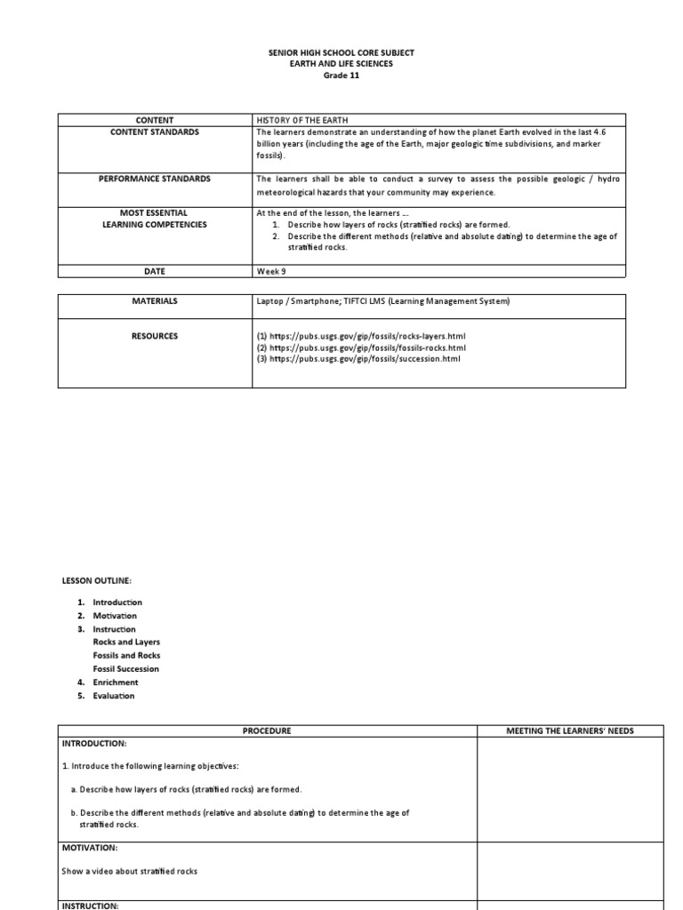 DETAILED LESSON PLAN Earth and Life Sciences Grade 11 Week 9 | PDF ...