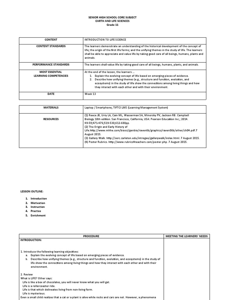 DETAILED LESSON PLAN Earth and Life Sciences Grade 11 Week 13 | PDF ...