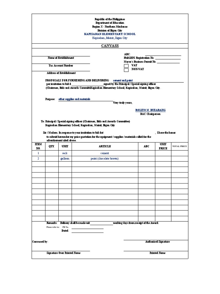 Canvass Form | PDF | Value Added Tax