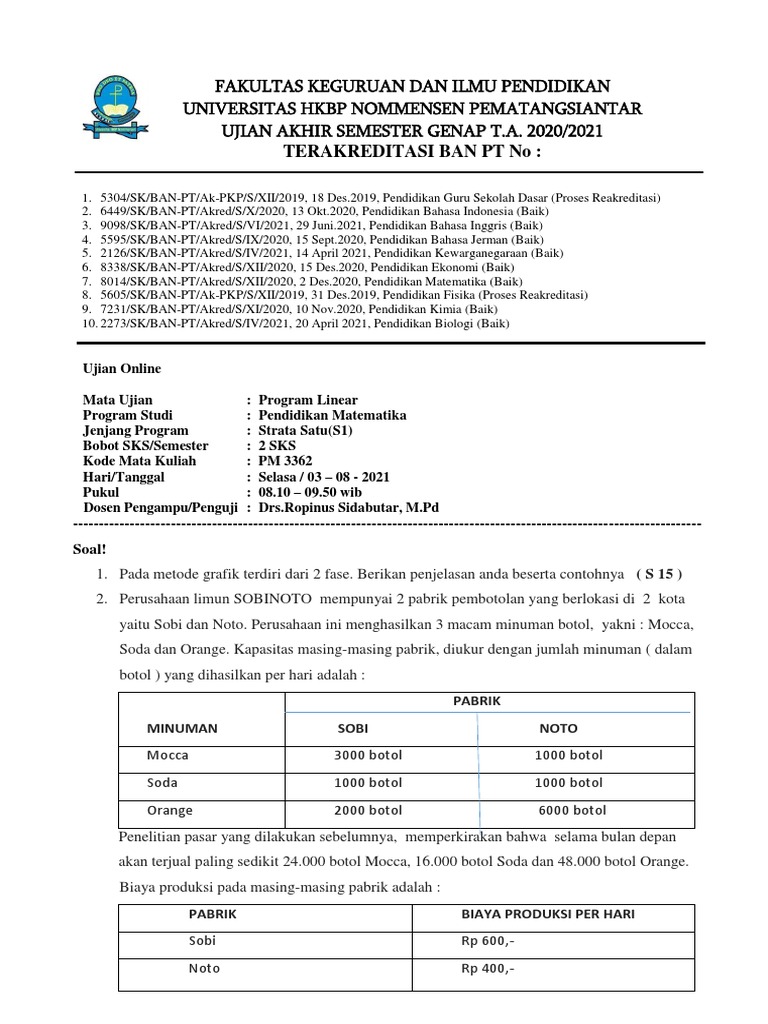 Soal UAS Semester Genap Program Linier 2021 | PDF