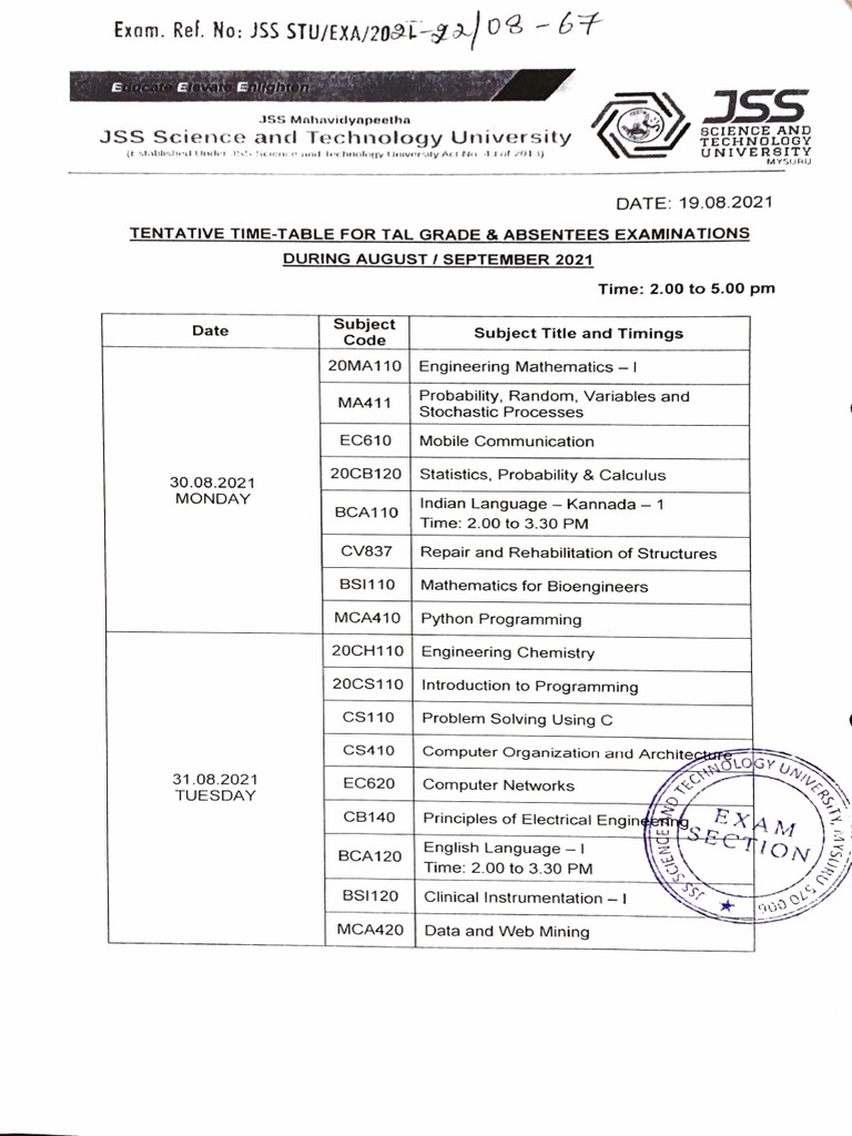 Seetion: Tentative Time-Table For Tal Grade & Absentees Examinations ...