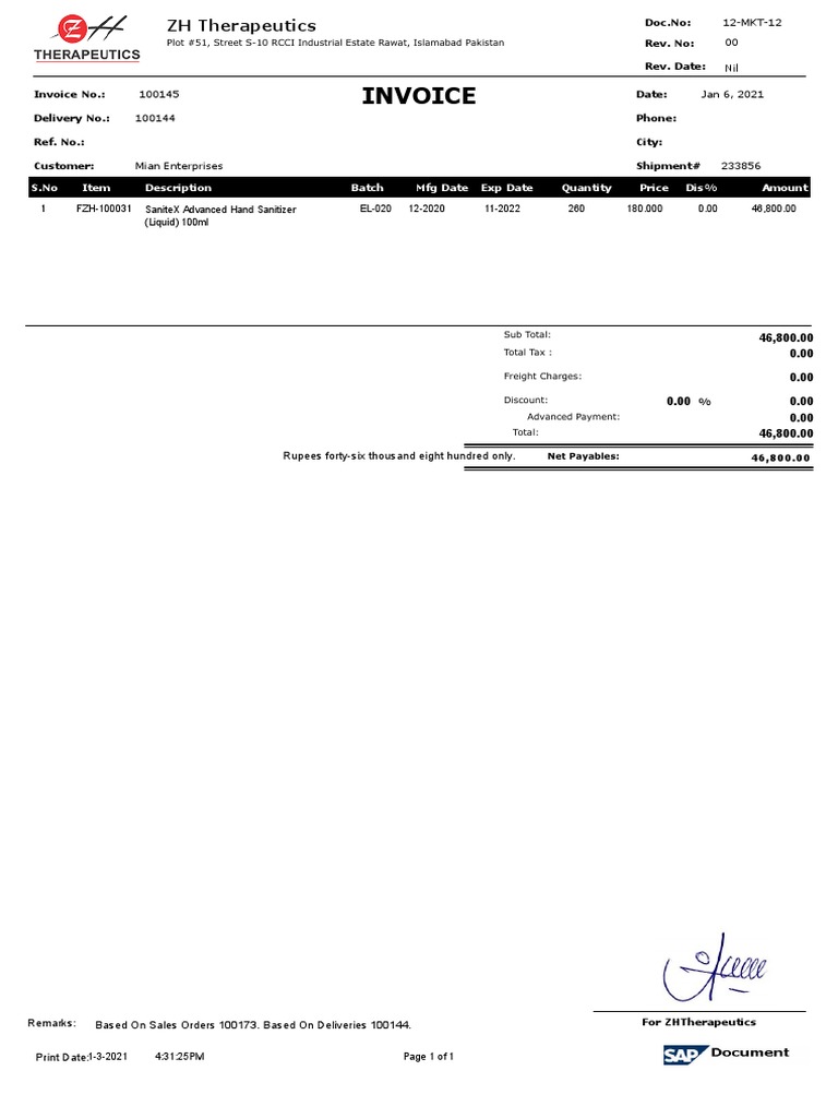 Invoice: Amount Price Quantity MFG Date Batch Exp Date Description Item ...