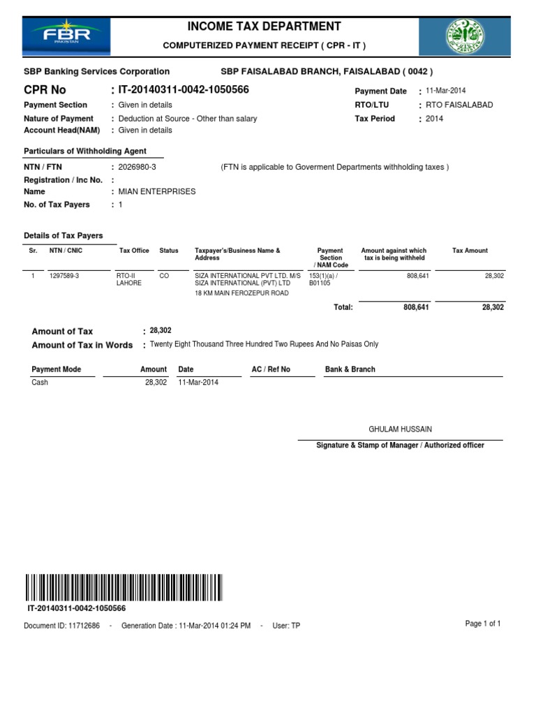 Income Tax Department: Computerized Payment Receipt (CPR - It) | PDF ...
