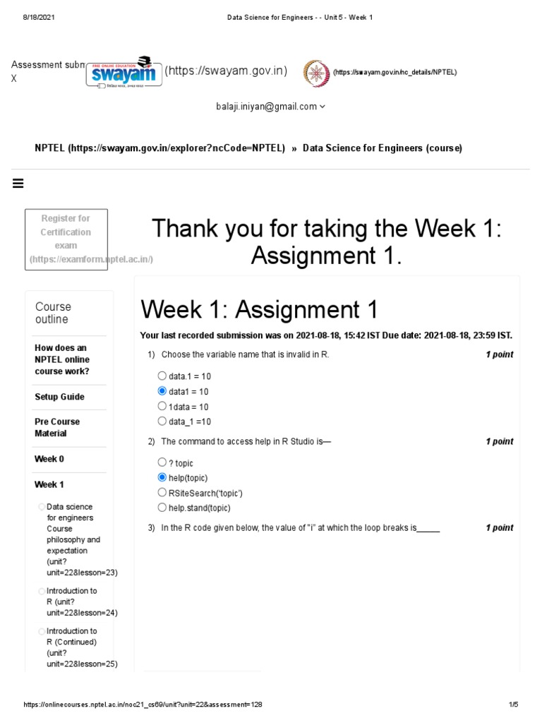 Data Science For Engineers - Unit 5 - Week 1 | PDF | R (Programming ...