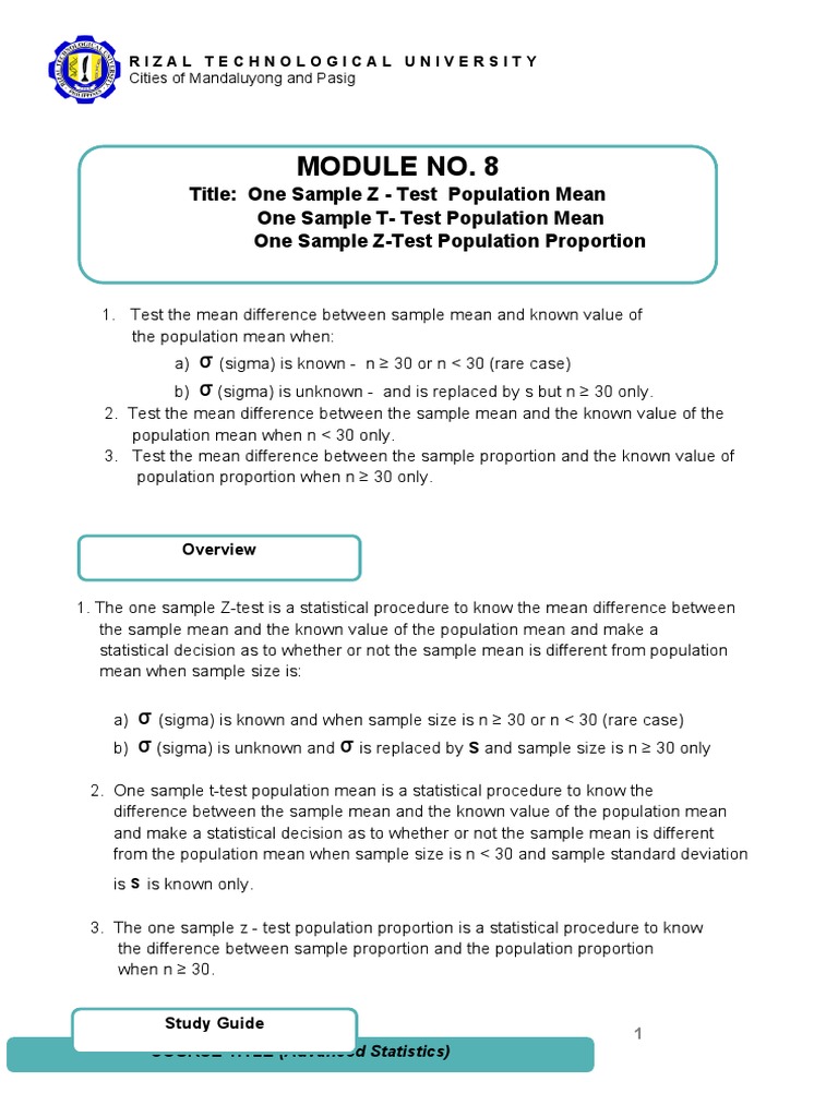One Sample Z-Test Overview | PDF | Standard Deviation | Sample Size ...