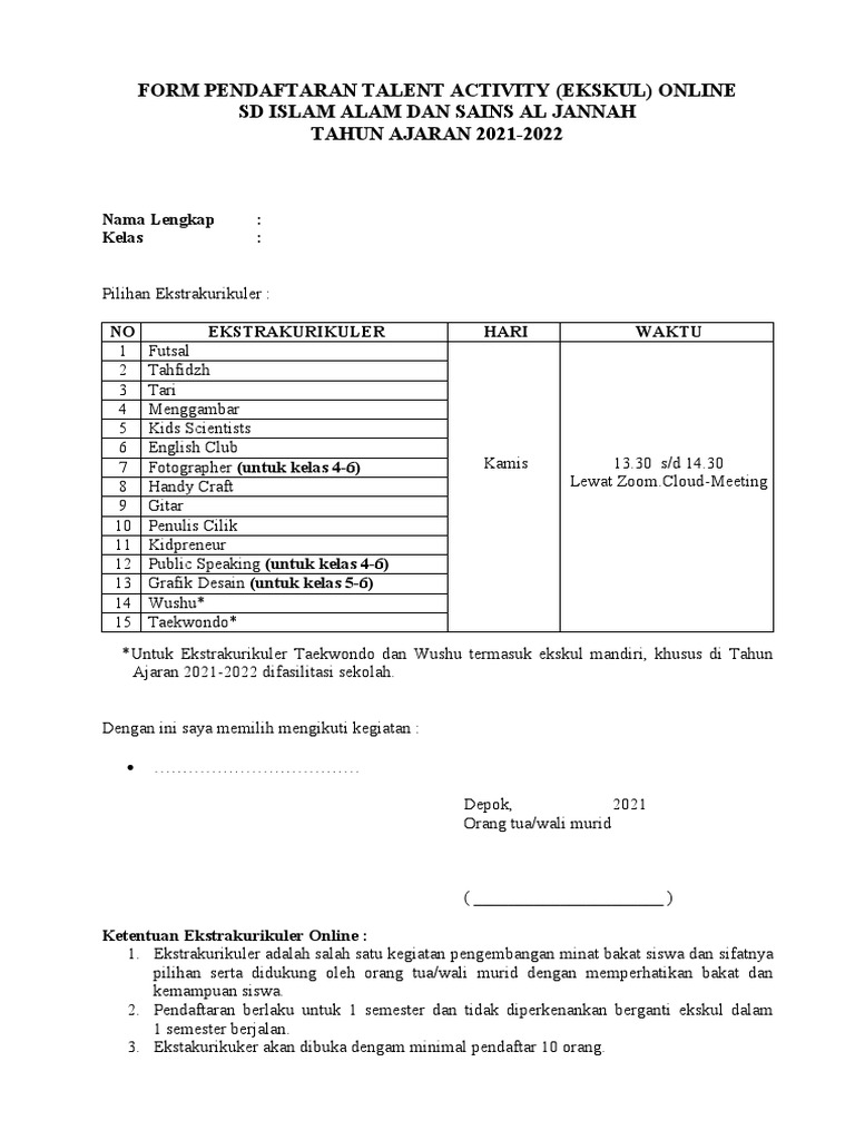 Form Pendaftaran Talent Activity (Ekskul) Online | PDF | Seni