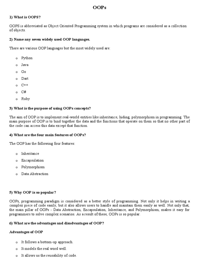 Basic Interview Questions On Oops Pdf Method Computer Programming Inheritance Object