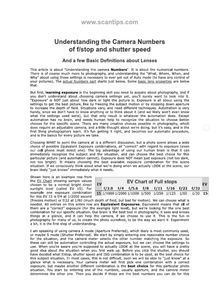 Understanding The Camera Numbers of F Stop and Shutter Speed | PDF