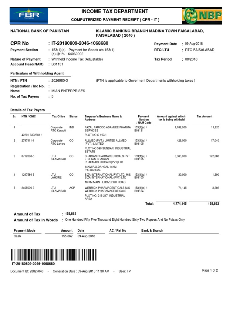 Income Tax Department: Computerized Payment Receipt (CPR - It) | PDF ...
