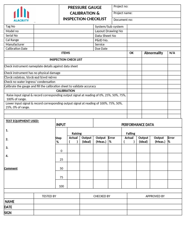 Pressure Gauge Calibration & Inspection Checklist: Abnormality | PDF