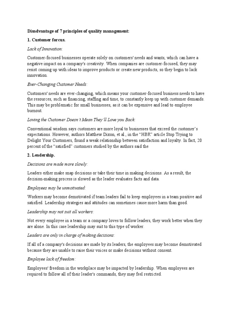 Disadvantage of 7 Principles of Quality Management: 1. Customer Forcus ...